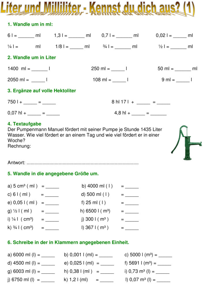bungsblatt Zu Liter Und Milliliter bungsblatt Zu Liter Und Milliliter