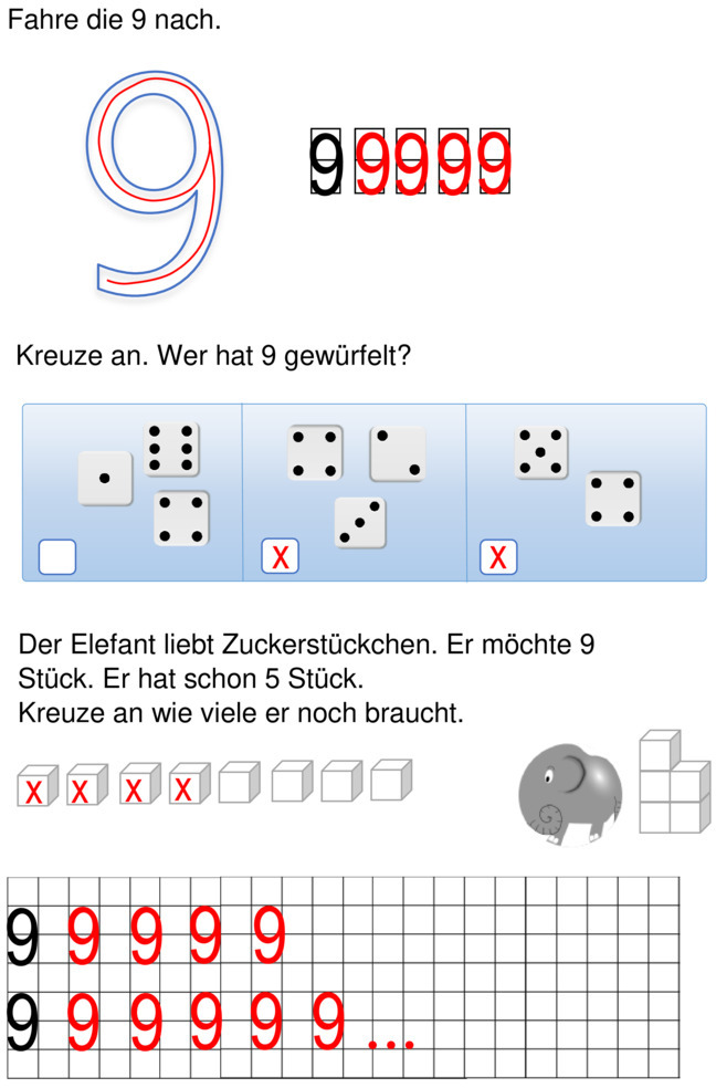 Übungsblatt zu Zahlen von 1 bis 10 (einzeln)