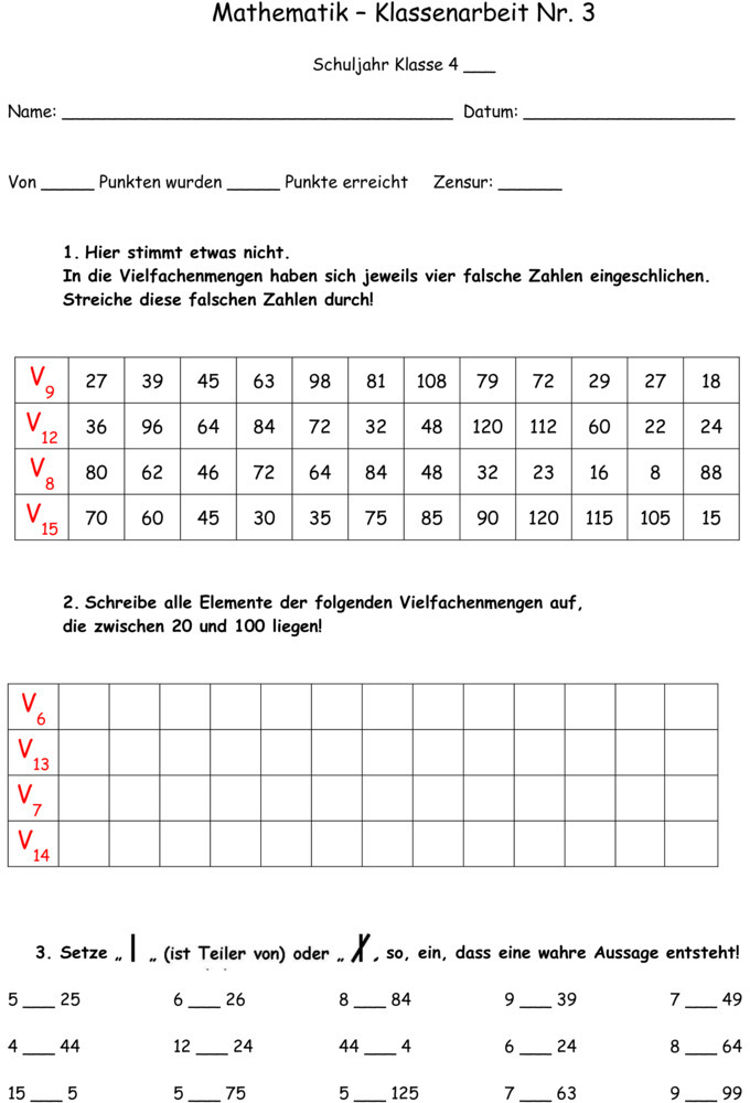 Klassenarbeit Zu Teiler Und Vielfache Klassenarbeit Zu Teiler Und Vielfache