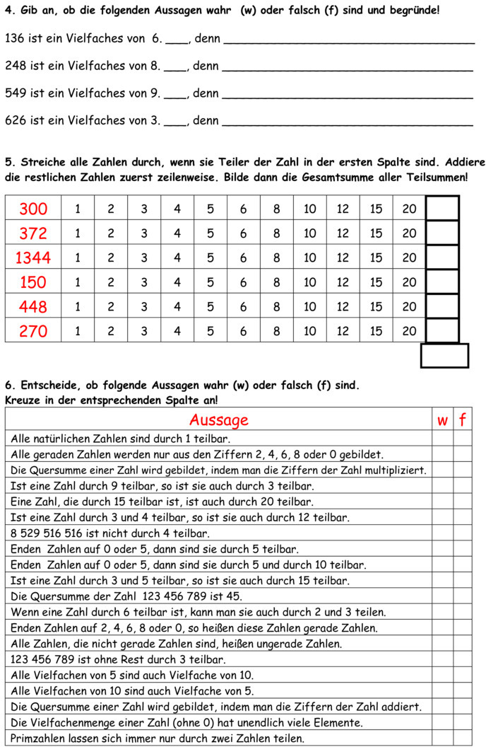 Klassenarbeit zu Teiler und Vielfache