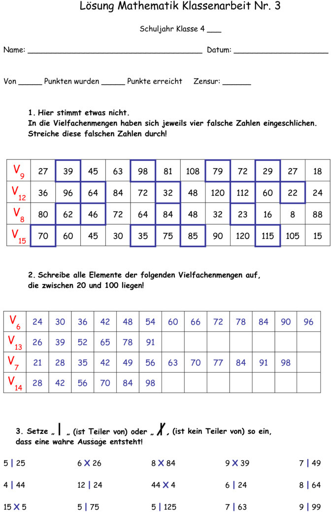 Klassenarbeit Zu Teiler Und Vielfache Klassenarbeit Zu Teiler Und Vielfache