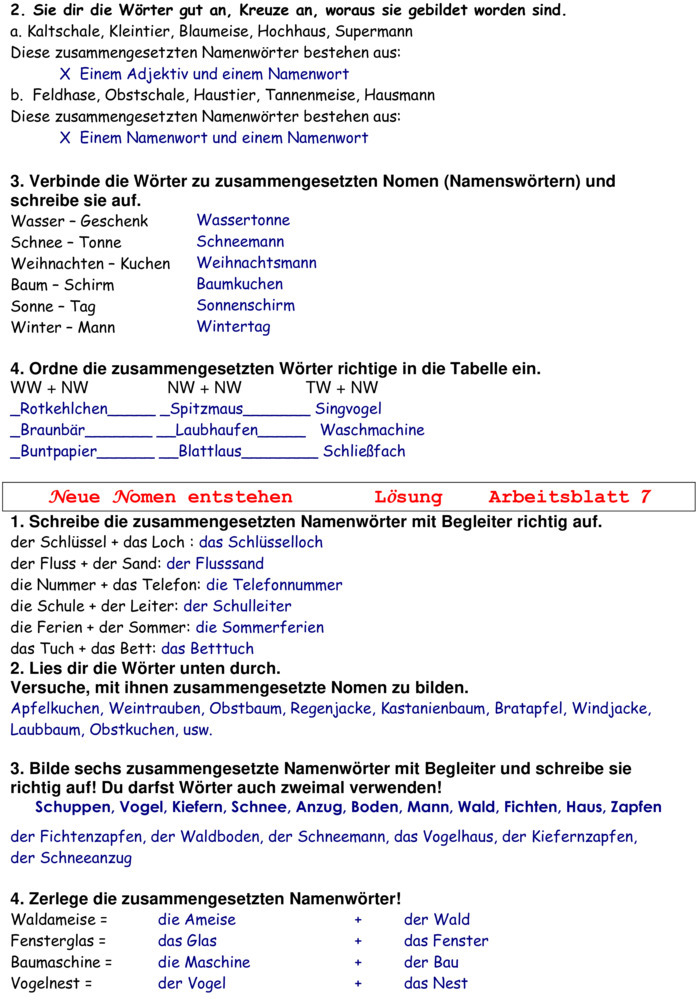 Übungsblatt zu Zusammengesetzte Nomen