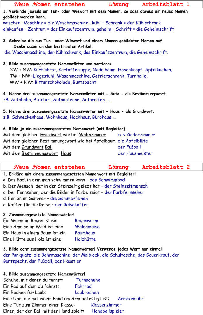 Übungsblatt zu Zusammengesetzte Nomen