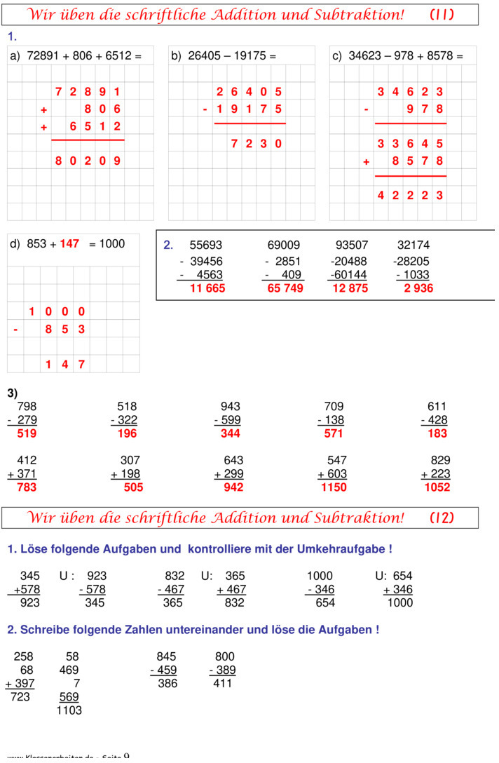 Übungsblatt zu Schriftliche Addition und Subtraktion