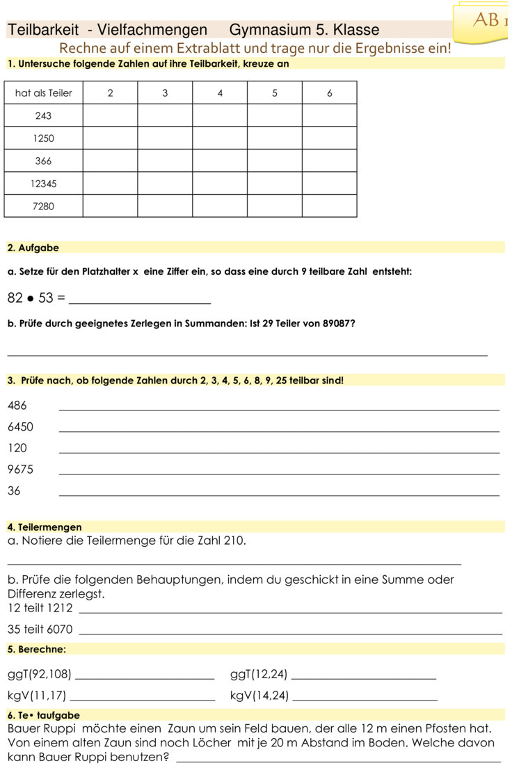 Übungsblatt zu Teiler und Vielfache