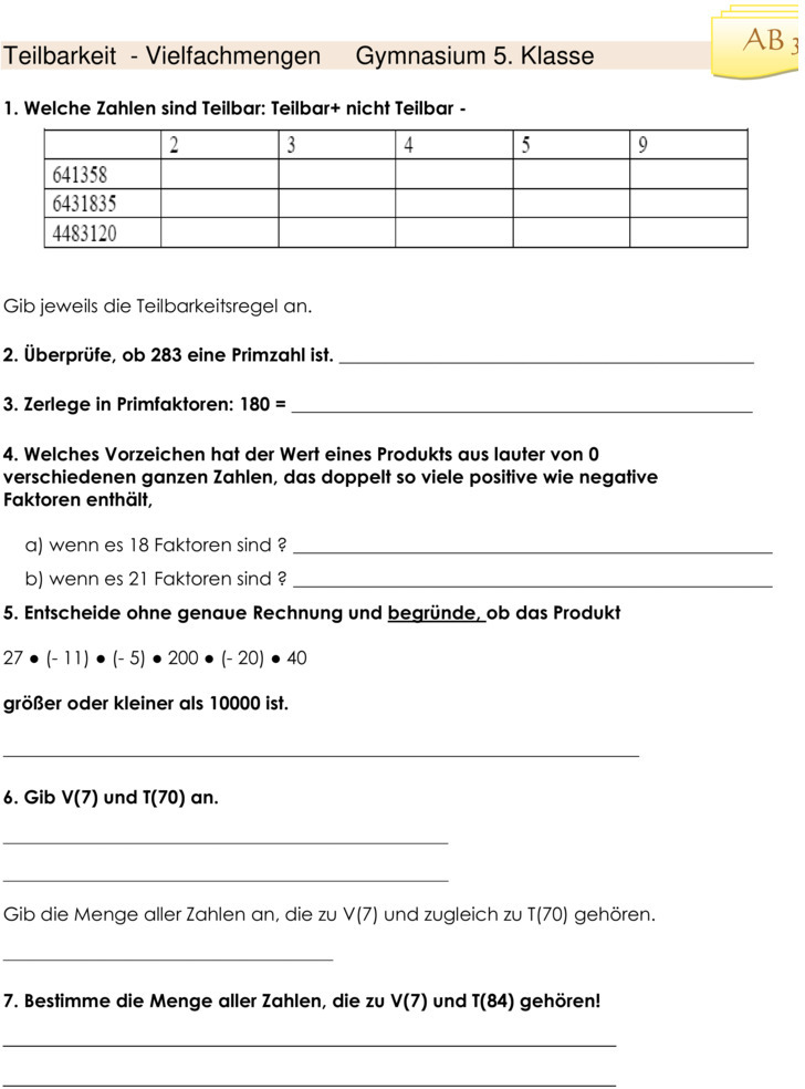 Übungsblatt zu Teiler und Vielfache