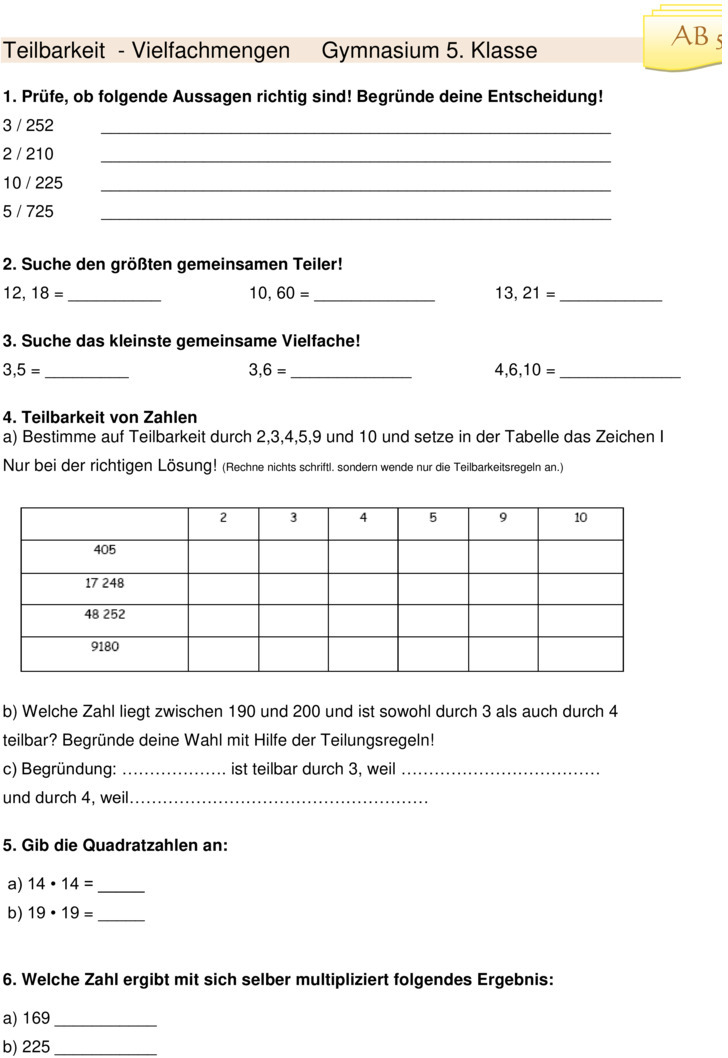  bungsblatt Zu Teiler Und Vielfache