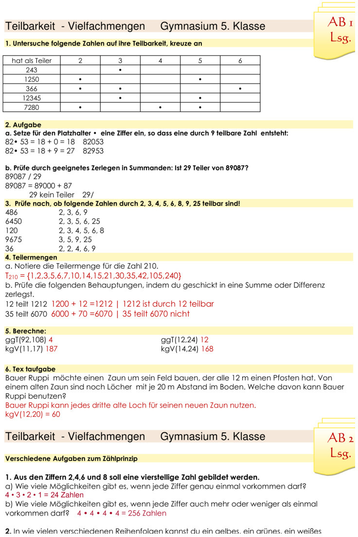 Übungsblatt zu Teiler und Vielfache