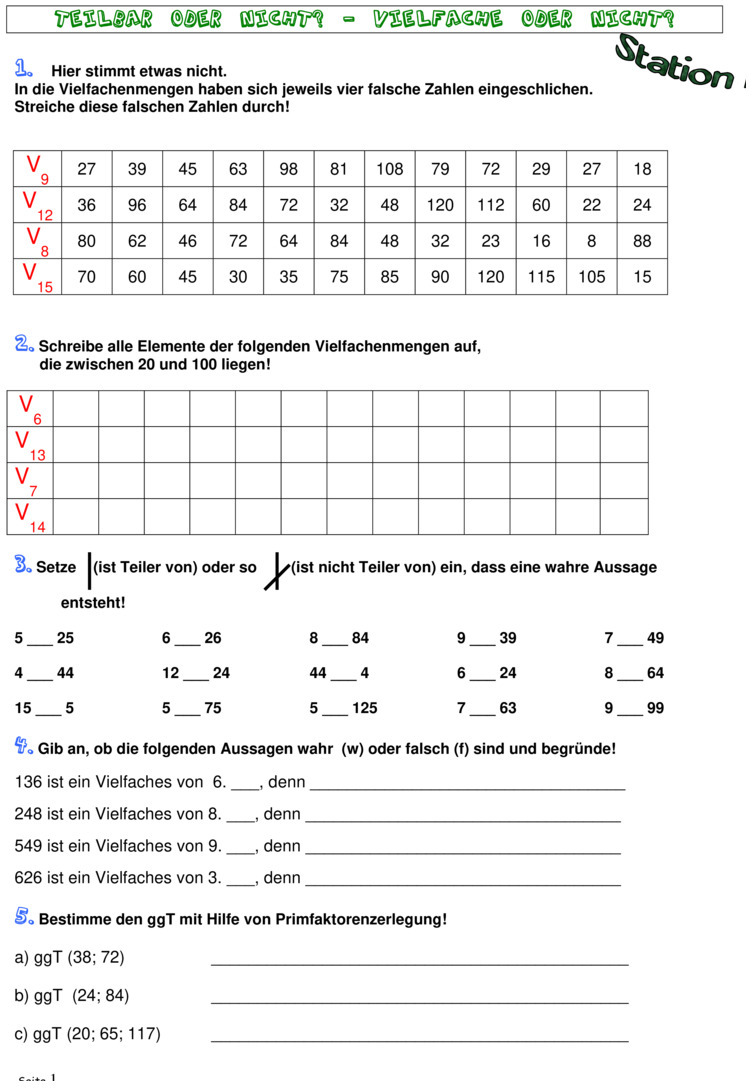 Übungsblatt zu Teiler und Vielfache