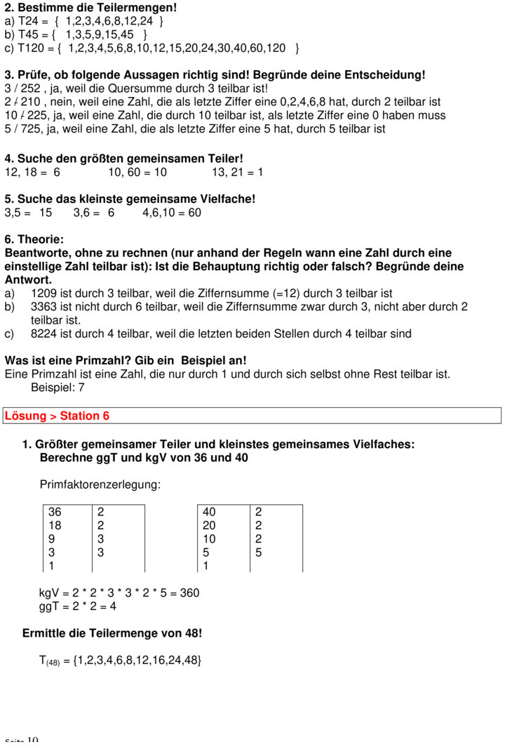 Übungsblatt zu Teiler und Vielfache