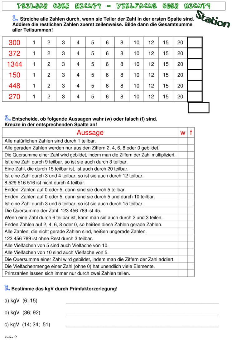 Übungsblatt zu Teiler und Vielfache