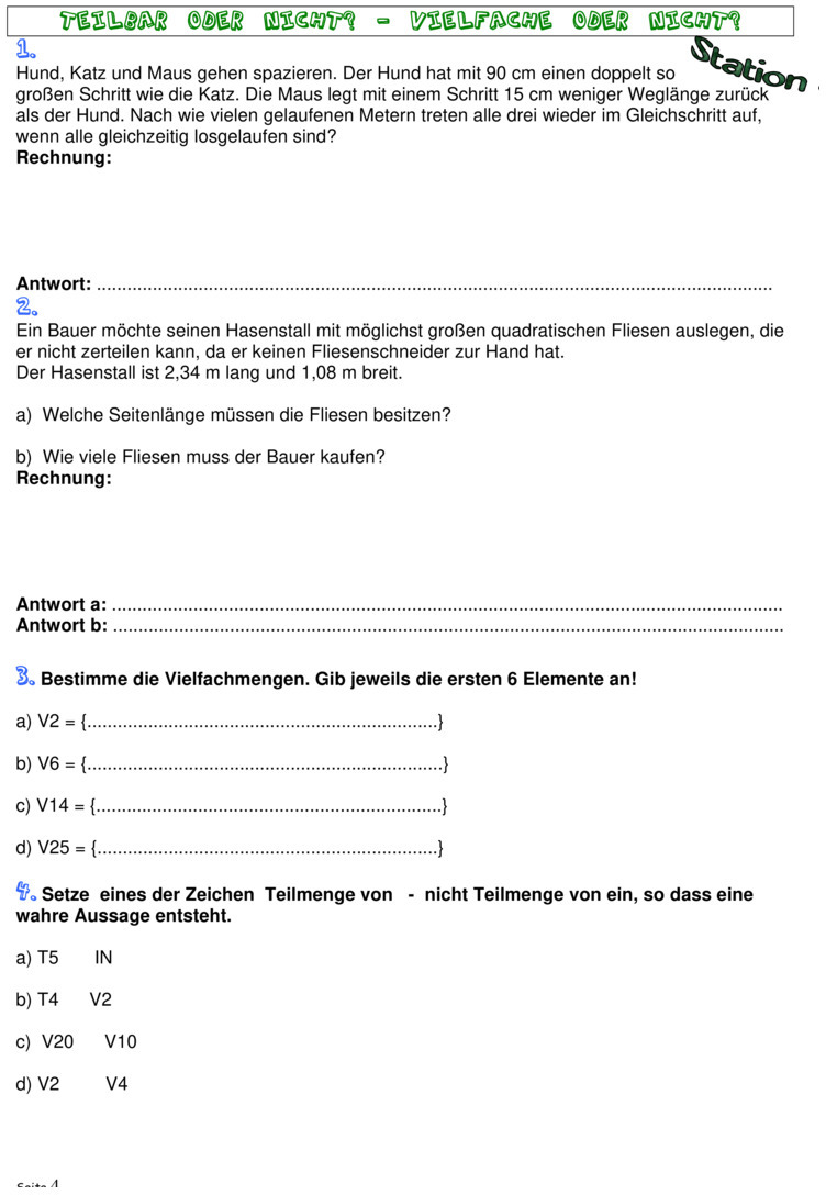 Übungsblatt zu Teiler und Vielfache