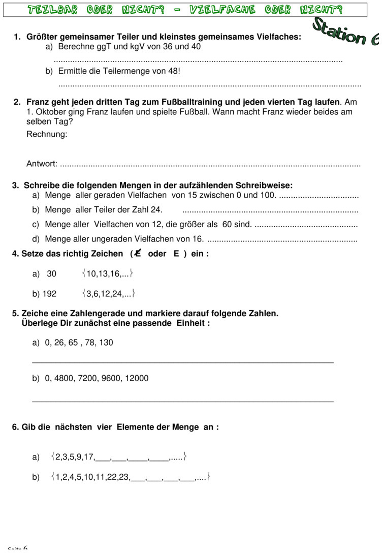 Übungsblatt zu Teiler und Vielfache