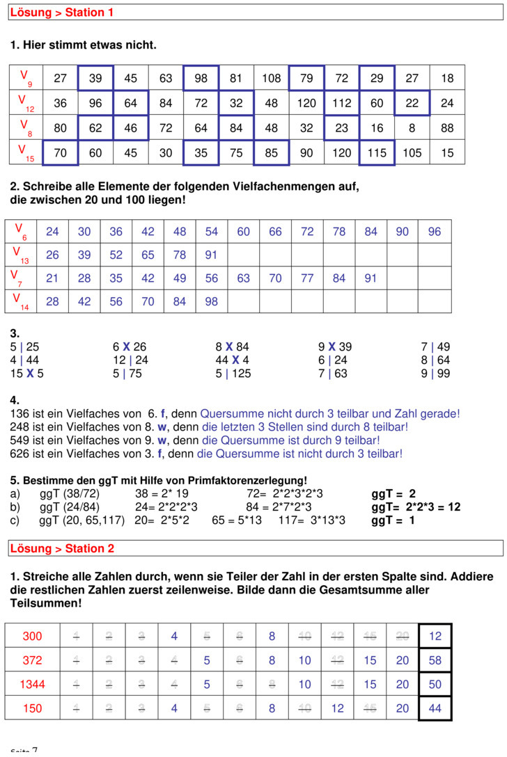 Übungsblatt zu Teiler und Vielfache