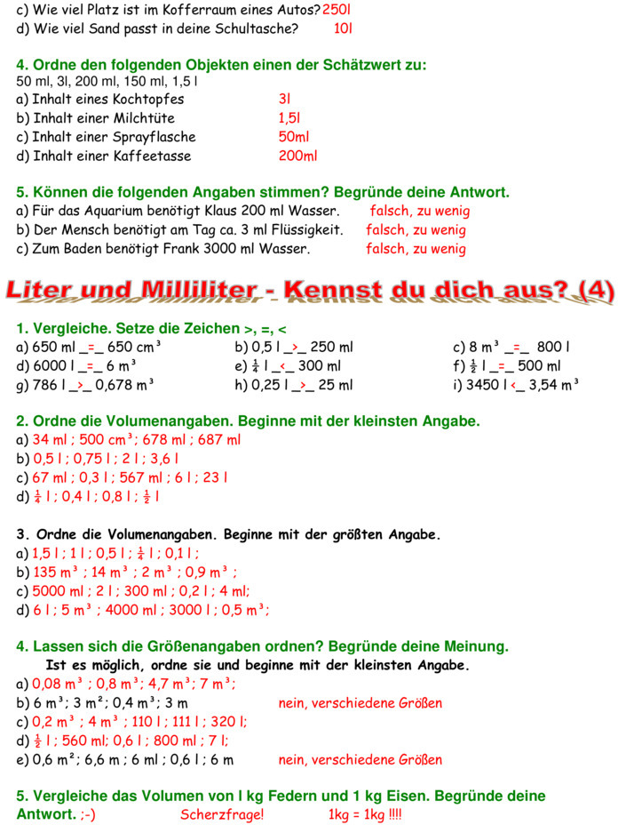 Übungsblatt zu Liter und Milliliter