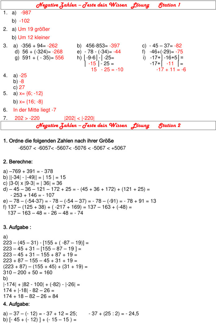 Übungsblatt zu Ganze Zahlen