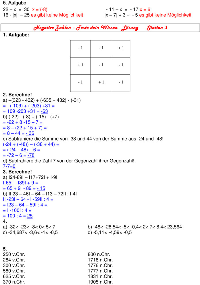 Übungsblatt zu Ganze Zahlen