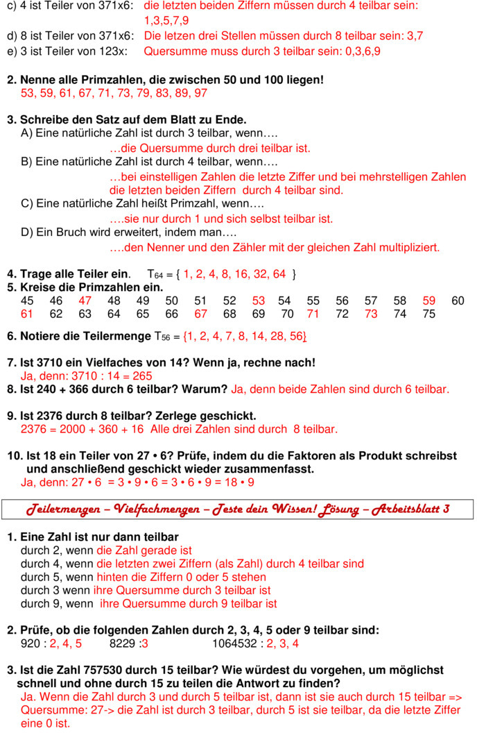 Übungsblatt zu Teiler und Vielfache