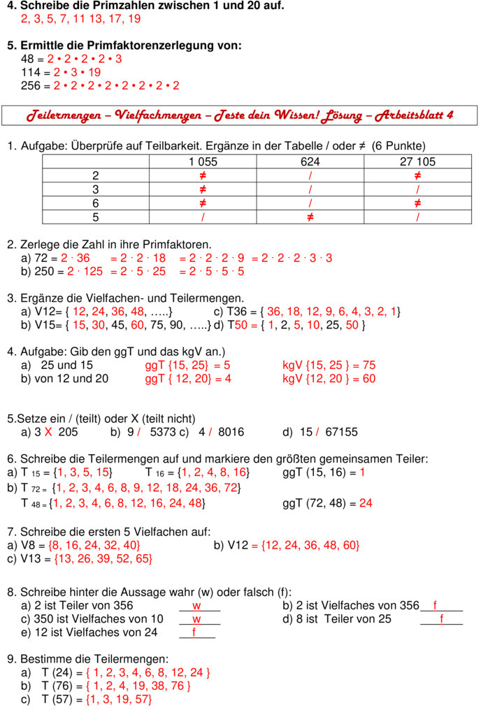Übungsblatt zu Teiler und Vielfache
