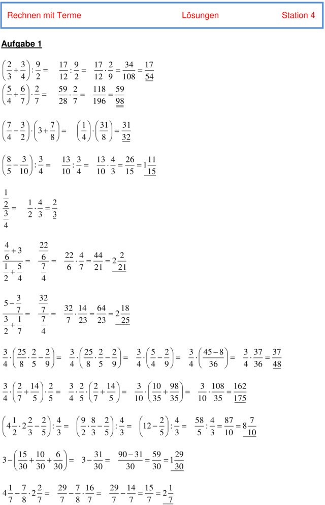 Übungsblatt zu Bruchterme
