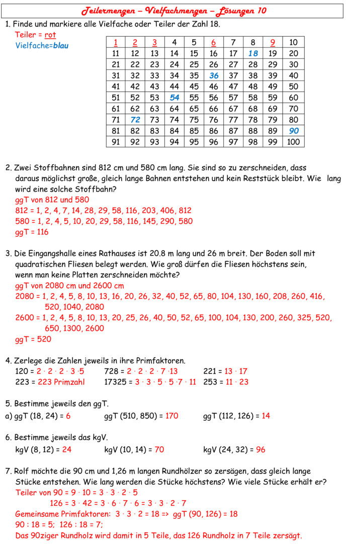 Übungsblatt zu Teiler und Vielfache