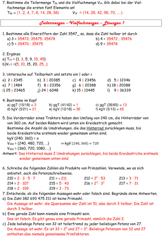 Übungsblatt zu Teiler und Vielfache