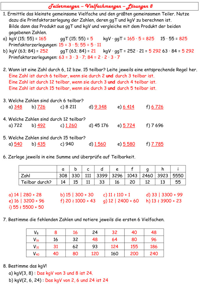 Übungsblatt zu Teiler und Vielfache