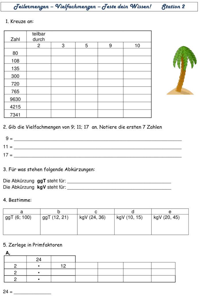 Übungsblatt zu Teiler und Vielfache