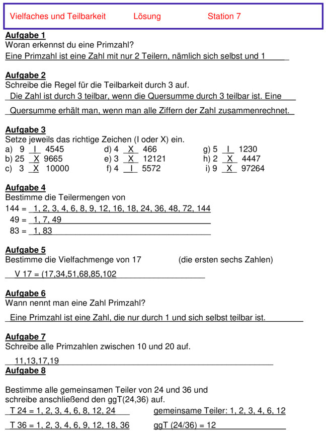 Übungsblatt zu Teiler und Vielfache