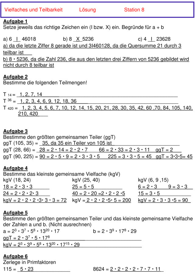 Übungsblatt zu Teiler und Vielfache