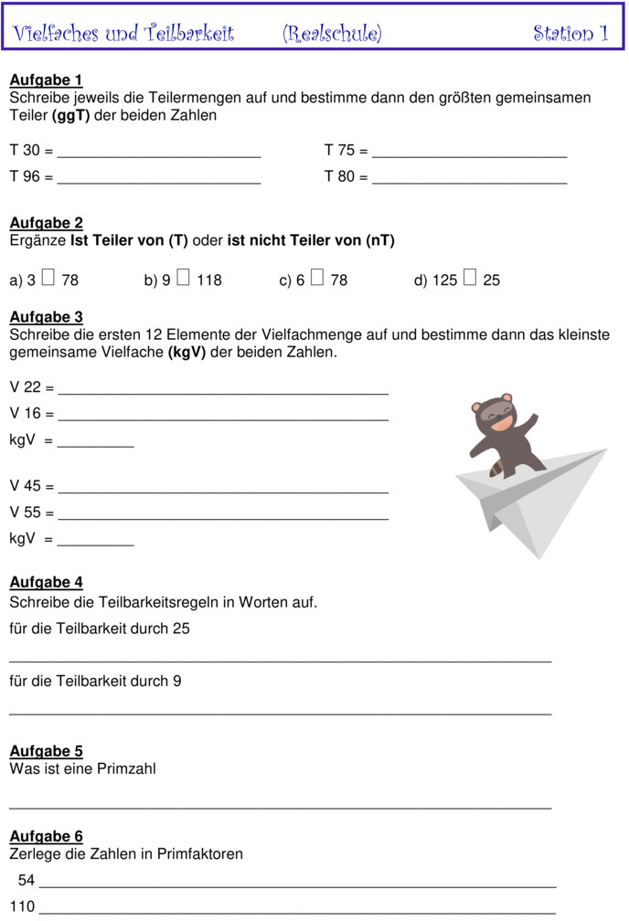 Übungsblatt zu Teiler und Vielfache