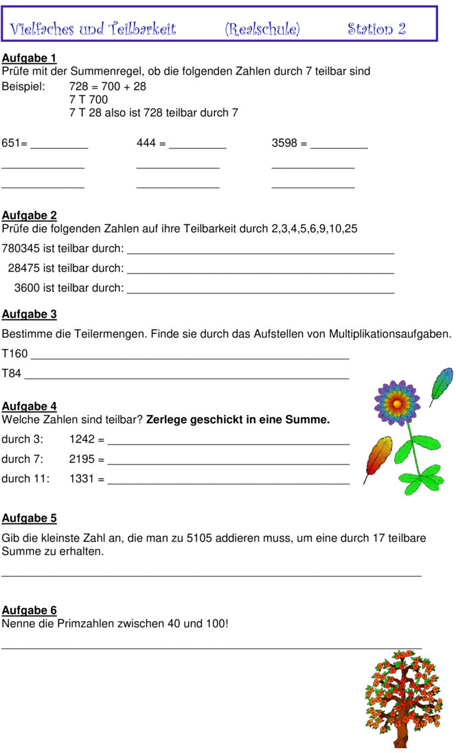Übungsblatt zu Teiler und Vielfache