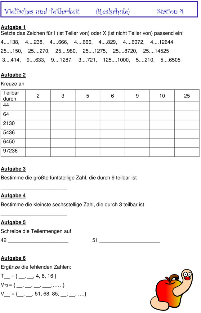 Übungsblatt zu Teiler und Vielfache