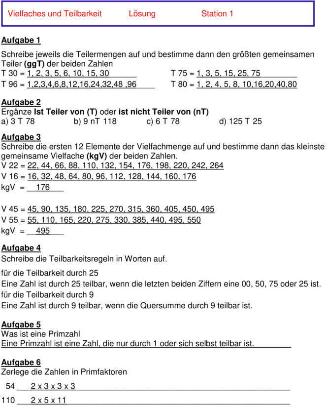 Übungsblatt zu Teiler und Vielfache