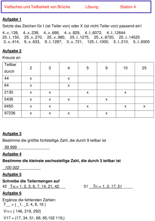 Übungsblatt zu Teiler und Vielfache