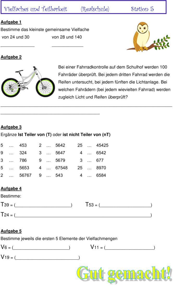 Übungsblatt zu Teiler und Vielfache