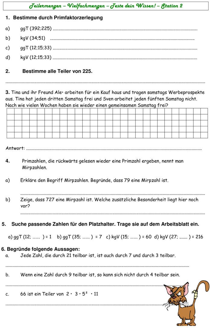 Übungsblatt zu Teiler und Vielfache