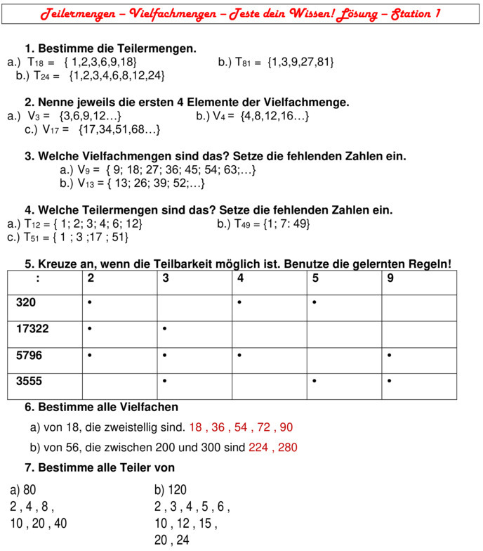 Übungsblatt zu Teiler und Vielfache