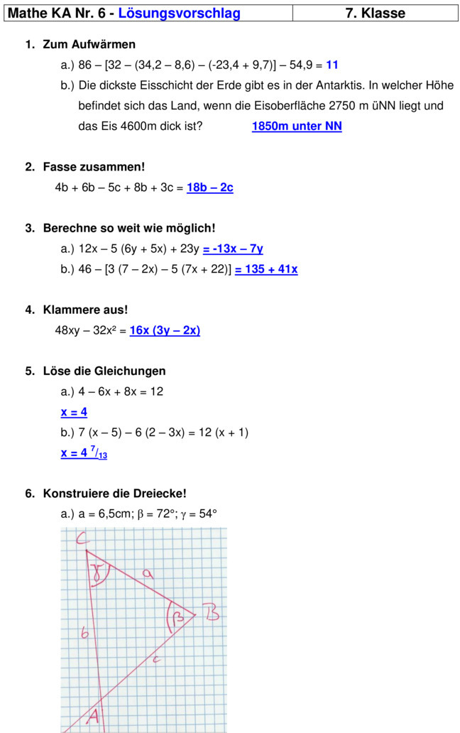 Klassenarbeit zu Abschlussarbeit [Mathe 7. Klasse]
