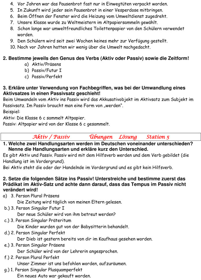 Übungsblatt zu Aktiv - Passiv