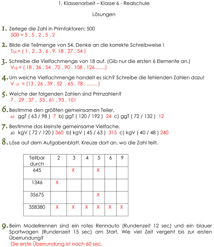 Klassenarbeit zu Teiler und Vielfache