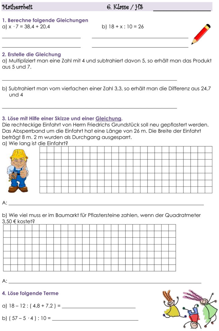 Klassenarbeit zu Gleichungen [6. Klasse]
