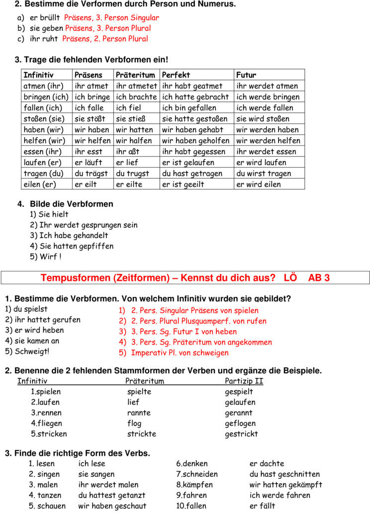 Übungsblatt zu Zeitformen