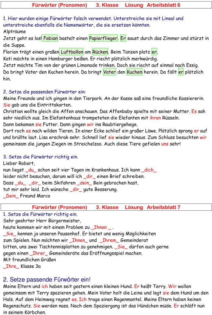 Übungsblatt zu Pronomen