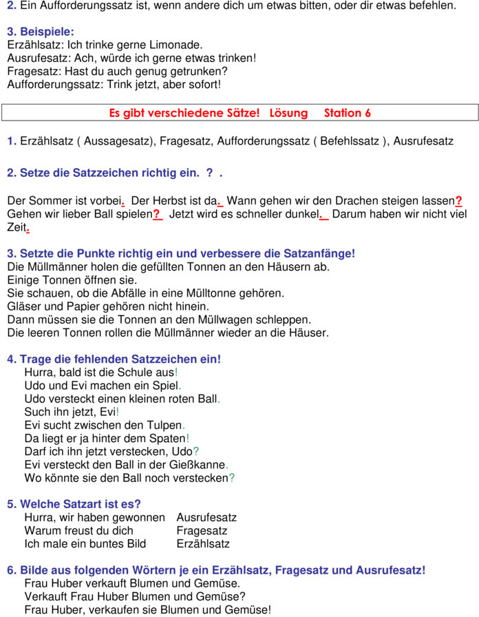 Übungsblatt zu Satzarten und Satzzeichen
