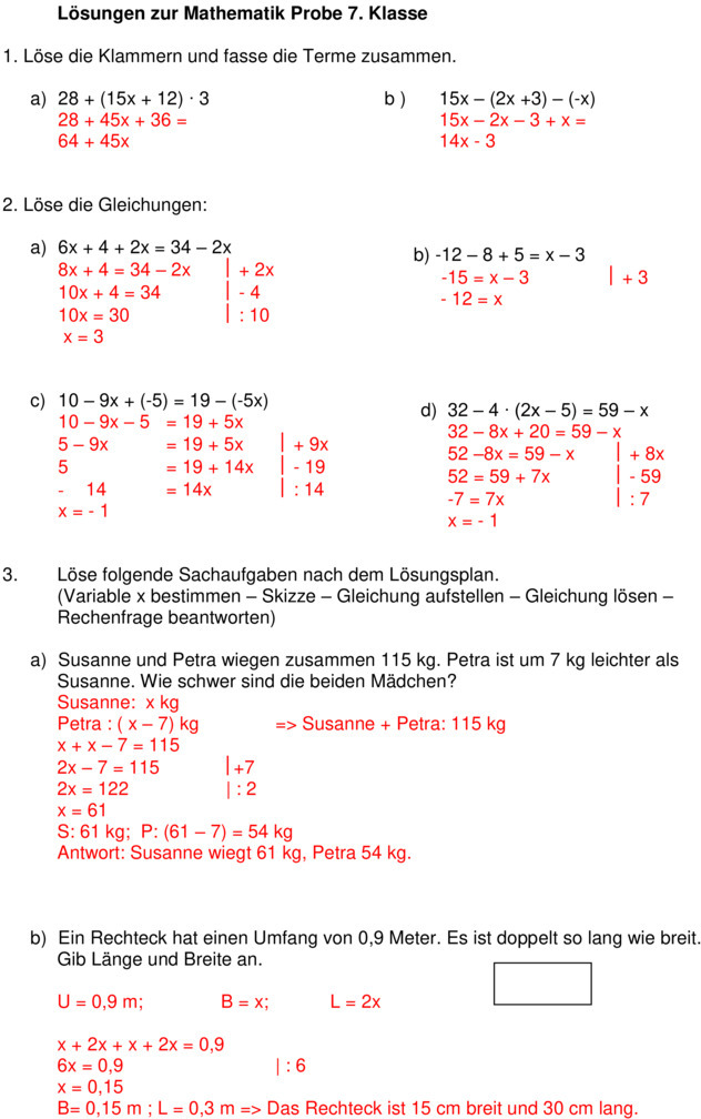 Klassenarbeit zu Gleichungen [7. Klasse]