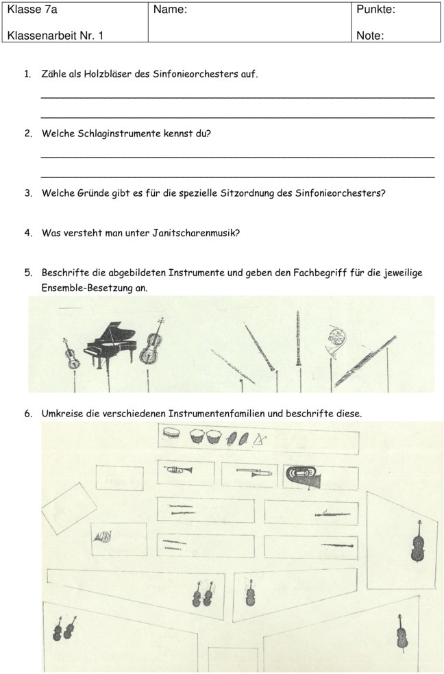 Klassenarbeit zu Musikinstrumente