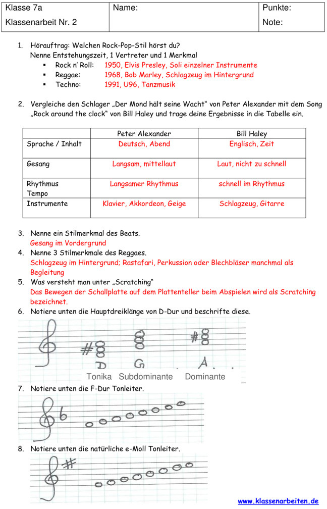 Klassenarbeit zu Musikstile