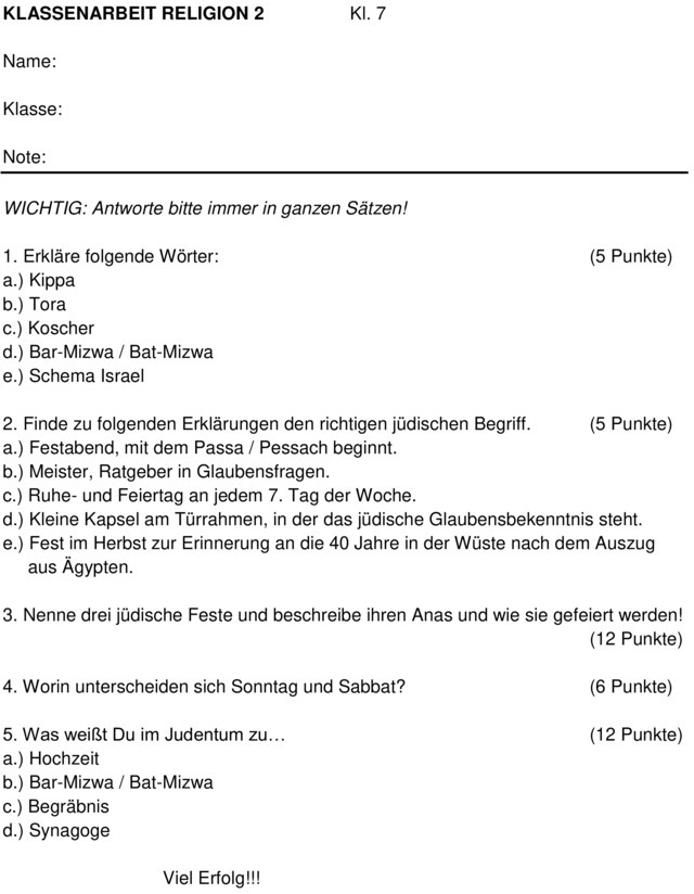 Klassenarbeit zu Judentum