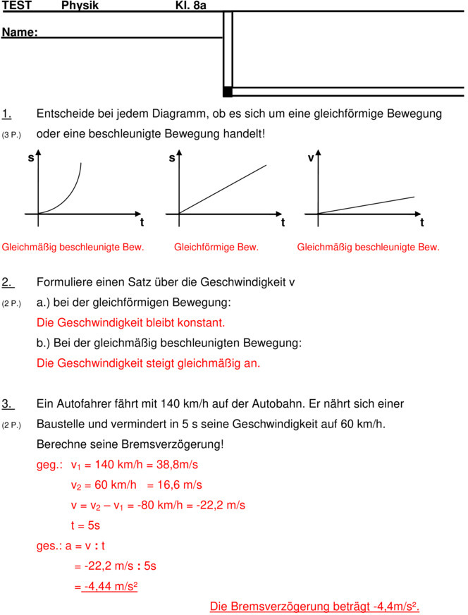 Klassenarbeit zu Bewegungen [Physik 8. Klasse]